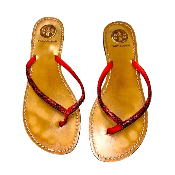 Tory Burch | Shoes | Tory Burch Red Snake Skin Straps Brown Leather ...
